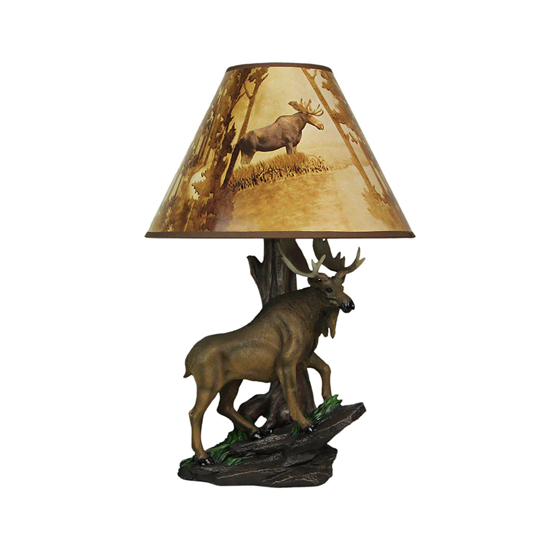 North American Bull Moose Table Lamp with a 12-Inch Diameter Forest Pr ...